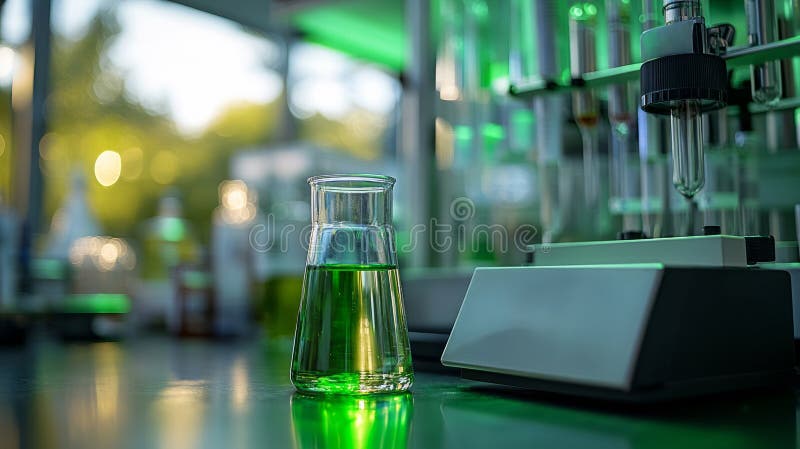 Close-up of a Beaker with Green Liquid in a Laboratory Setting. Stock ...