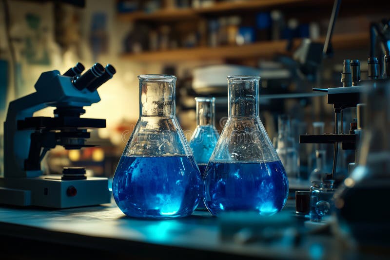 Close-Up of Beakers with Blue Liquid in Laboratory Setting Stock ...