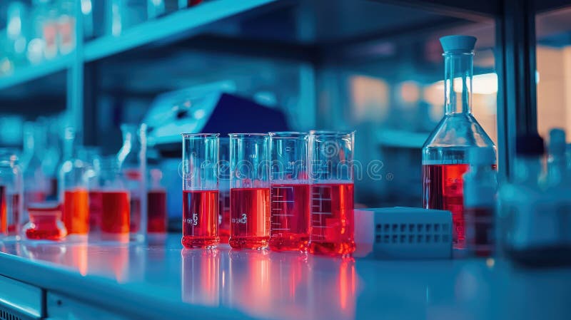 Close Up of Beakers Filled with Red Liquid in a Science Laboratory ...