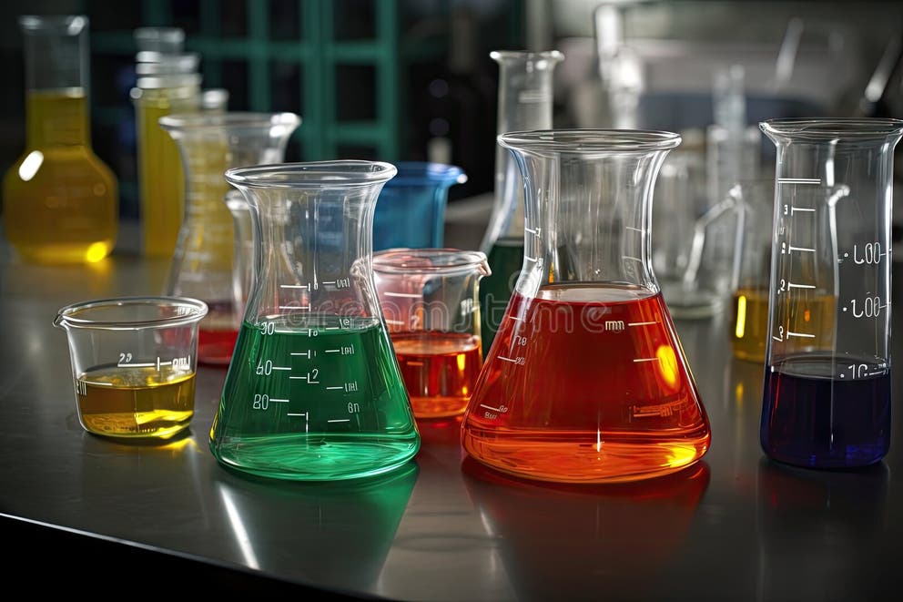 Close-up of Beakers and Flasks on a Science Lab Table Stock ...