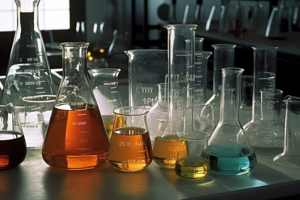 Close-up of Beakers and Flasks on a Science Lab Table Stock ...
