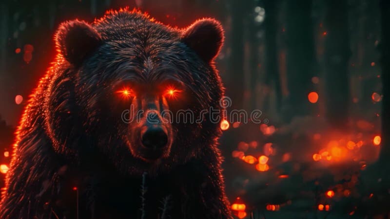 A Close-up of a Bear with Glowing Red Eyes and Fur in a Dark Forest ...