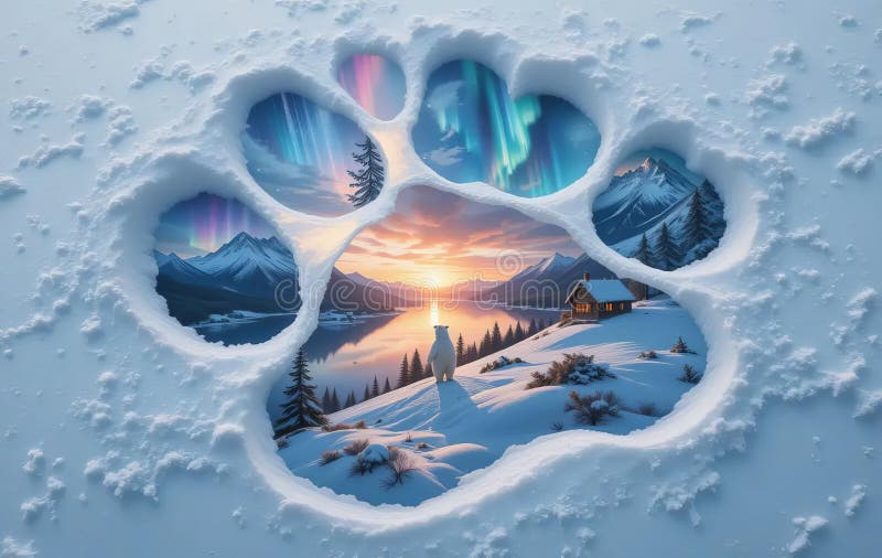 A Close-up of a Bear Paw Print in the Snow, with Various Winter ...