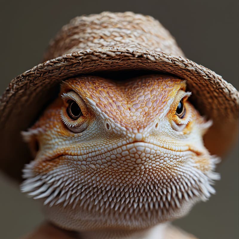 Close-up of a Bearded Dragon Lizard Wearing a Straw Hat Stock ...