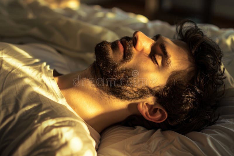 Close-Up of Bearded Man Sleeping Peacefully on Soft Blanket in Natural ...