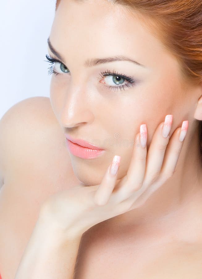 Close-up Beautiful Red-haired Lady Stock Photo - Image of hands, makeup ...