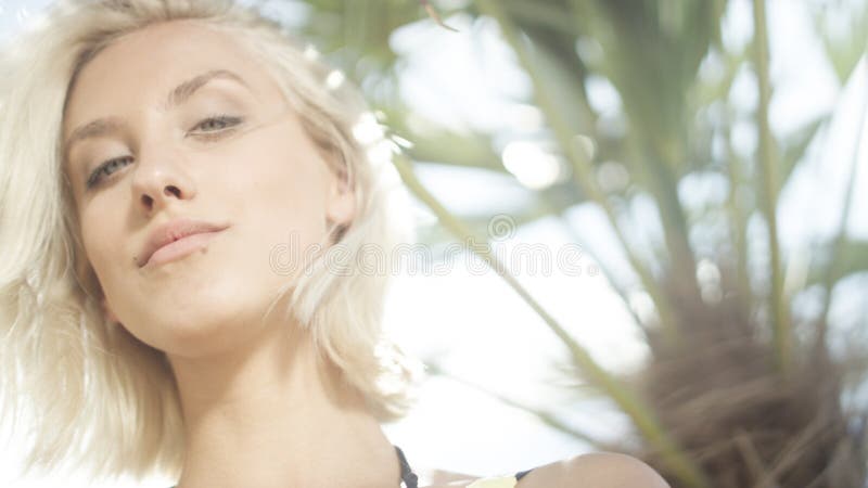 Close Up Of Beautiful Caucasian Girl Posing On Tropical Beach Stock