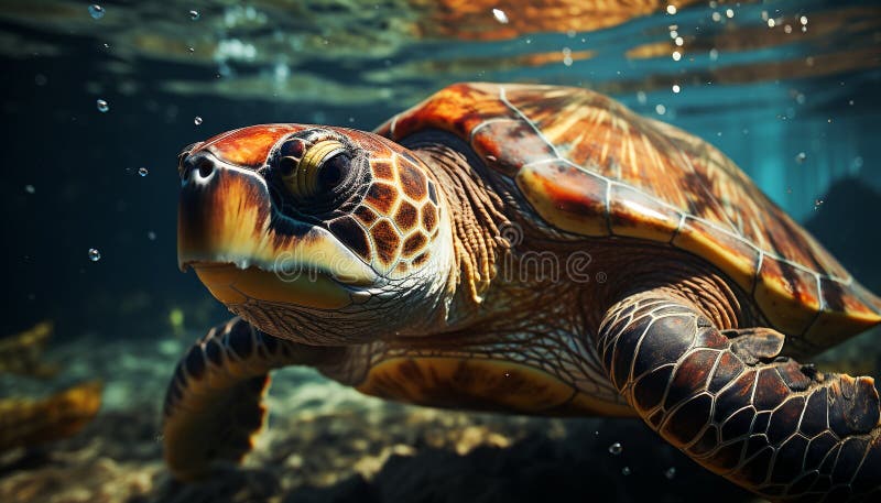 Close Up of a Beautiful, Endangered Sea Turtle Swimming Underwater ...