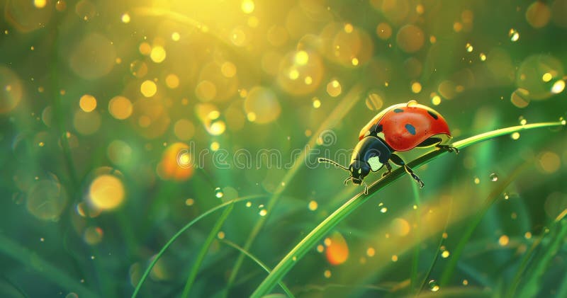 Close Up of a Beautiful Fantasy Ladybug Resting on an Emerald Blade of ...