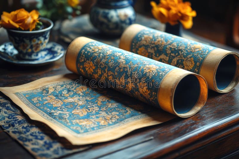 Close Up of a Beautiful Megillah Scroll on Ornate Table with Flowers ...