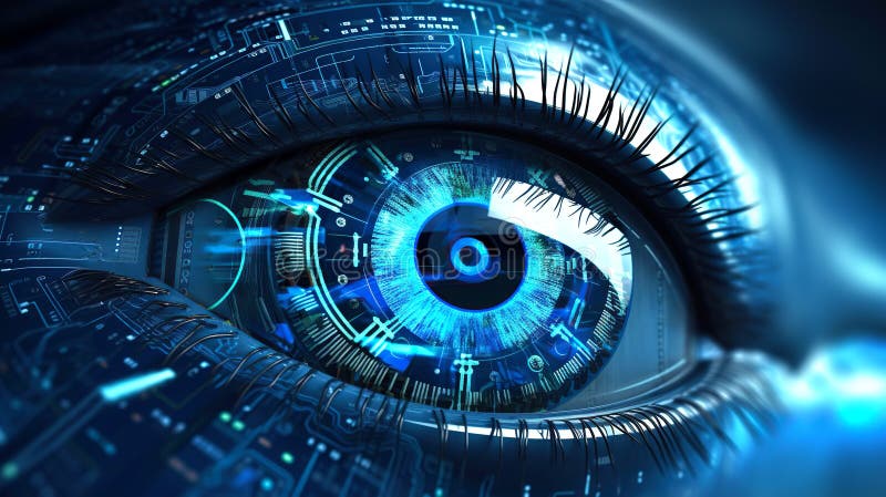 Close Up of Beautiful Robotic Blue Eye with Hud Interface and Lines of ...