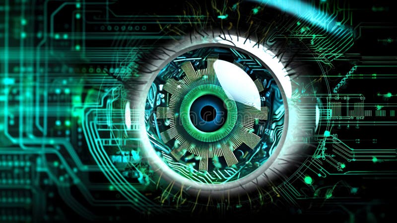 Close Up of Beautiful Robotic Green Eye with Hud Interface and Lines of ...