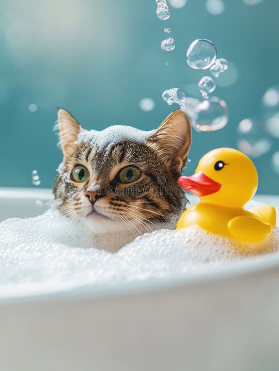 Close Up of a Beautiful Tabby Cat in a Bubble Bath with Rubber Duck ...