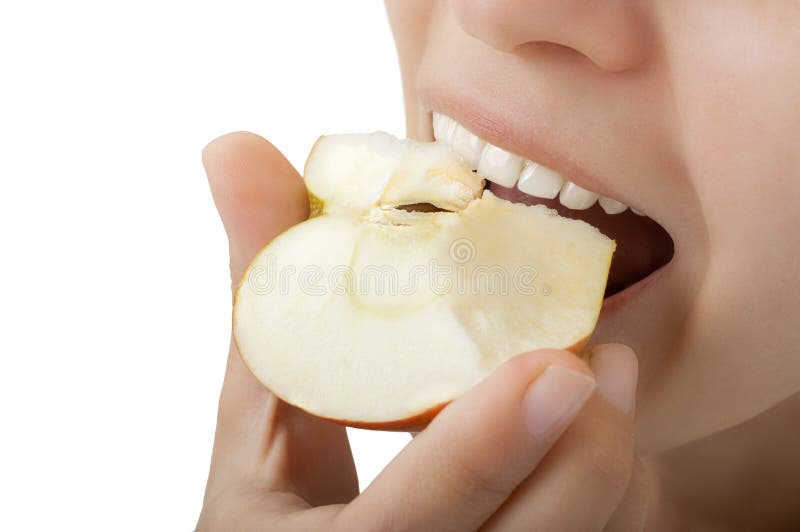 Close-up of Beautiful Teeth, a Girl Biting an Apple Stock Image - Image ...