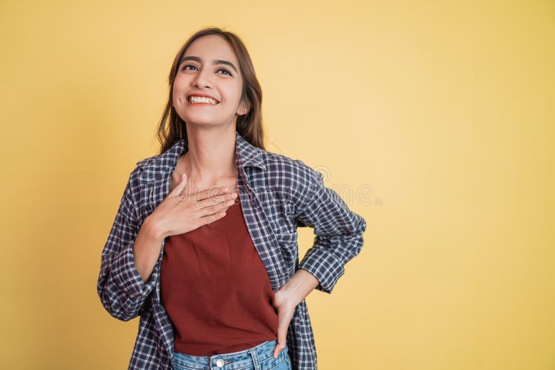 Close Up of a Beautiful Woman Smiling with Hands in Front of Chest with ...