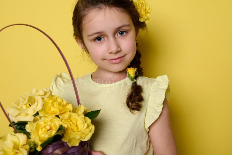 Close-up Beautiful Blue Eyed Little Kid Girl in Yellow Dress and ... Close-up Beautiful Blue Eyed Little Kid Girl in Yellow Dress and ...