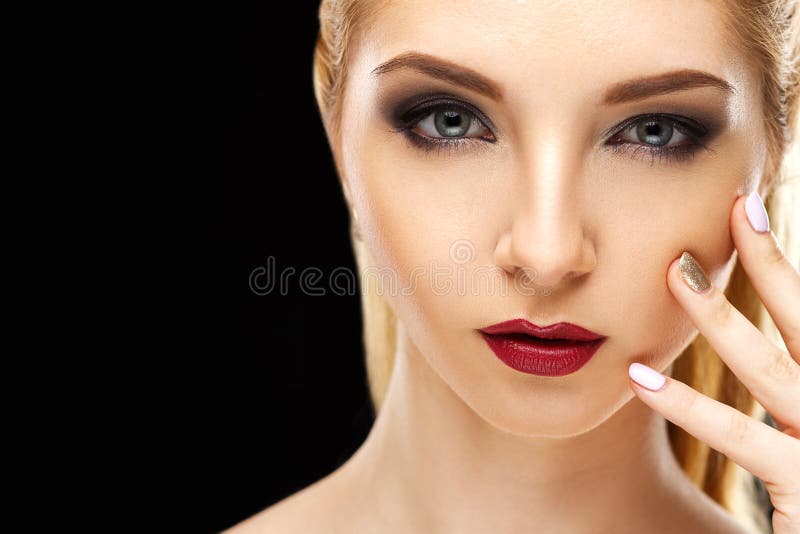 Close Up Beauty Portrait Of Perfect Young Woman With Golden Hair And