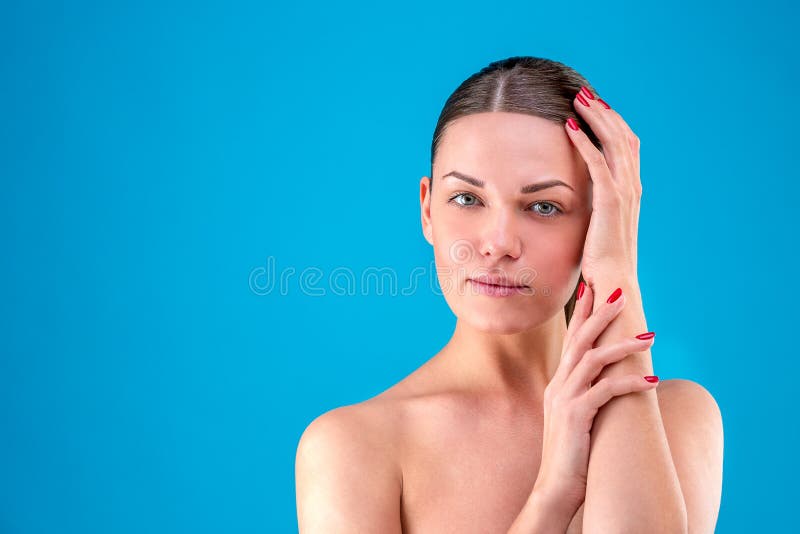 Close Up Beauty Portrait Of Young Woman Brunette Smiling And Touching