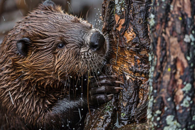 Close Up of Beaver Gnawing on Tree Stock Illustration - Illustration of ...