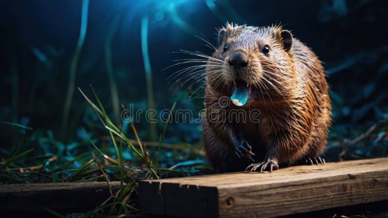 A Nighttime Beaver on Wood, Close-Up Portrait Stock Illustration ...