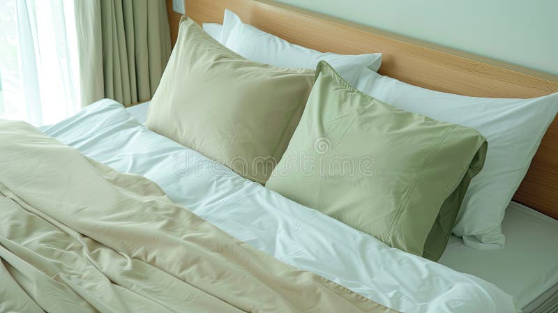Close-up of a Bed with White Sheets and Green Pillows in a Modern ...