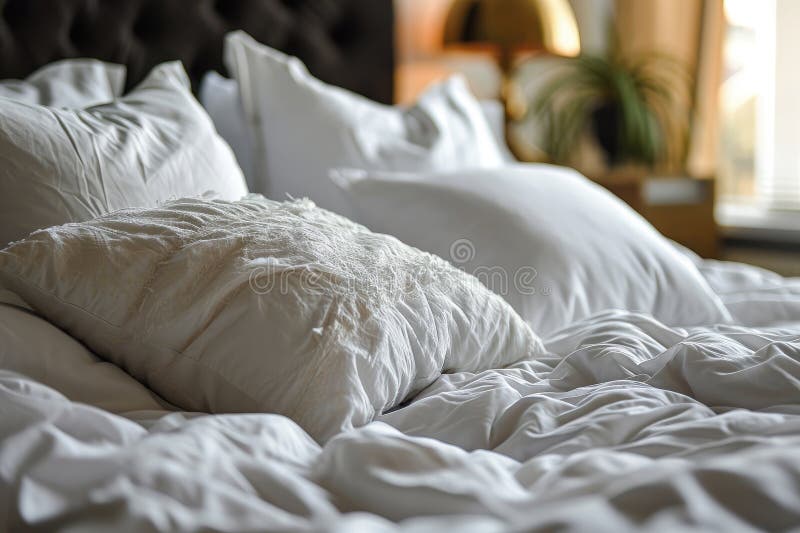 Close-Up of a Bed with White Sheets and Pillows Stock Photo - Image of ...