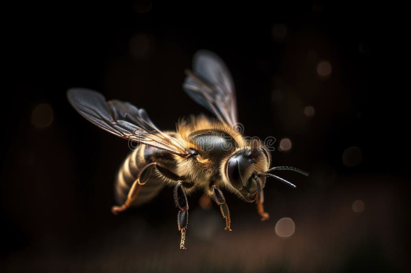 A Close Up of a Bee Flying in the Air with a Blurry Background Stock ...