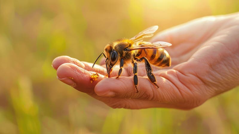 Close Up of a Bee on Hand. Spring and Summer Season Stock Photo - Image ...