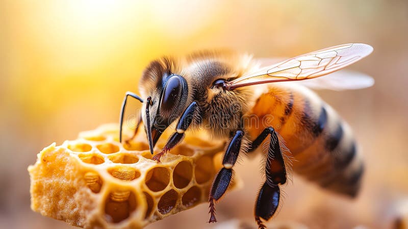 Close-up of a Bee on a Honeycomb with a Blurred Warm Background Stock ...