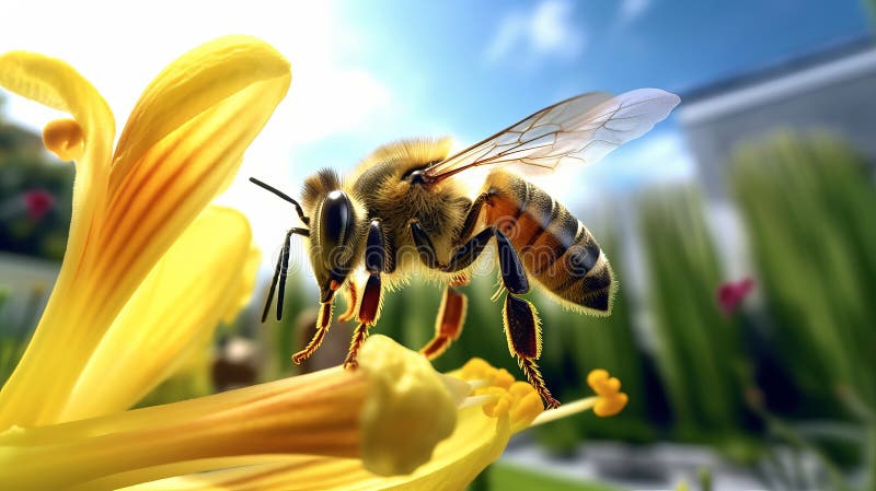 Close-up of a Bee Landing on a Flower for Pollination. Generative AI ...