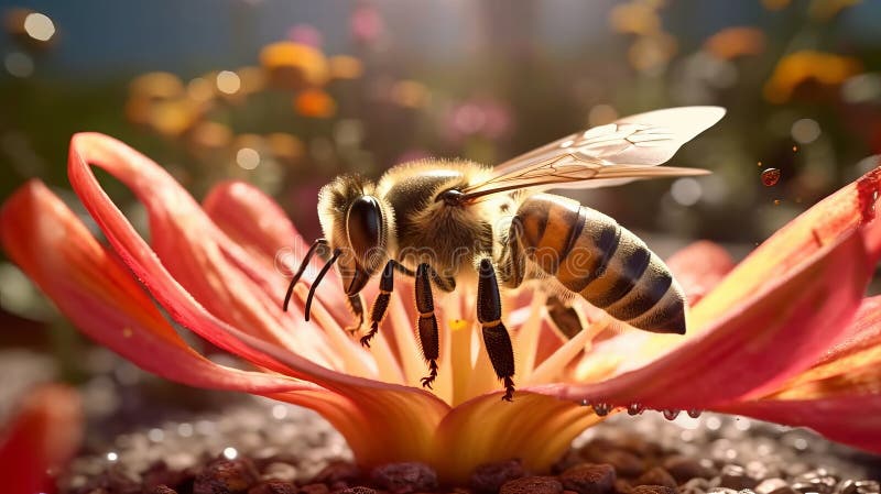 Close-up of a Bee Landing on a Flower for Pollination. Generative AI ...
