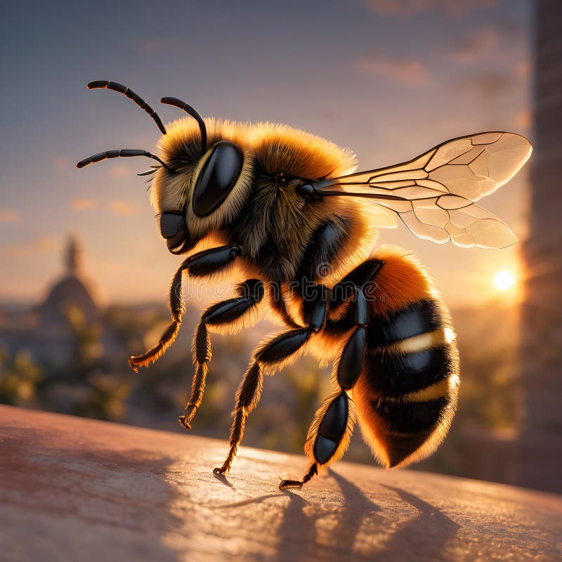 Close-up of a Bee Landing on the Roof of an Evening Building Stock ...