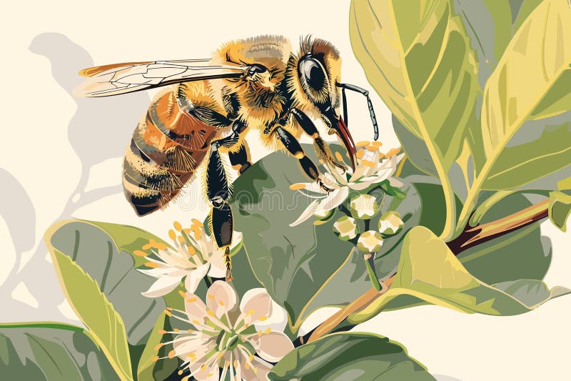 Close-Up of a Bee Pollinating a Flower Isolated Stock Vector ...