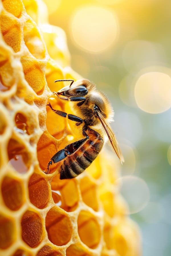 Close-up of a Bee Sitting on a Honeycomb, Honey Stock Photo - Image of ...