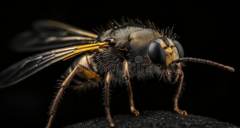 Close-up of a Bee with Striking Eyes and Antennae, Poised on a Black ...