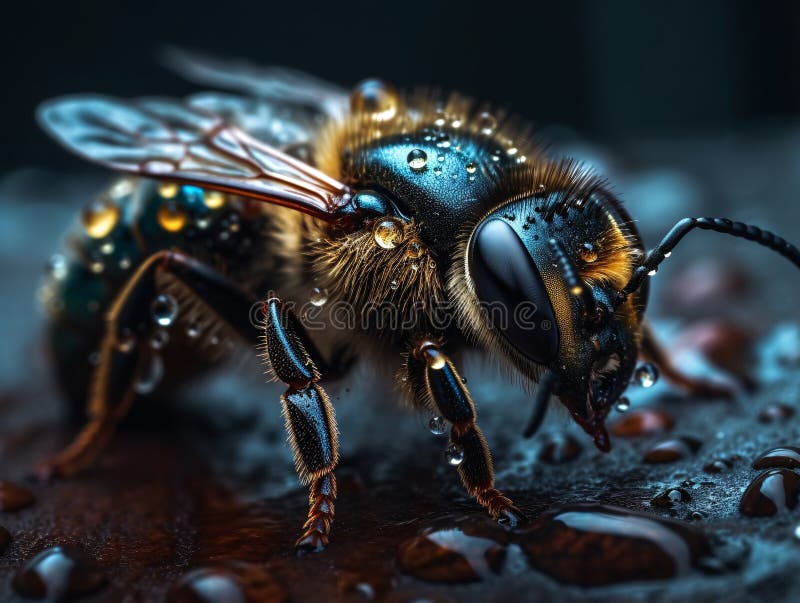 Close-up of a Bee in Water Droplets on a Wet Surface Dramatic Shot. AI Generated Stock ...