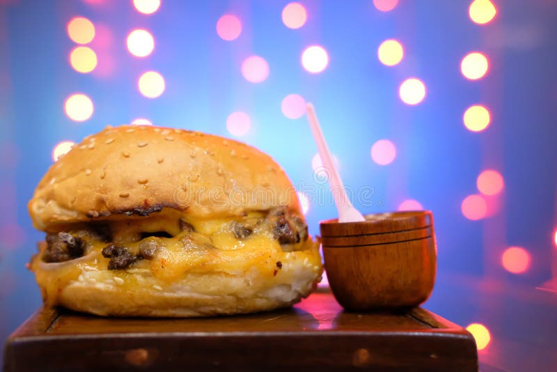 Close Up of Beef Burger on Restaurant Table Stock Photo - Image of beef ...