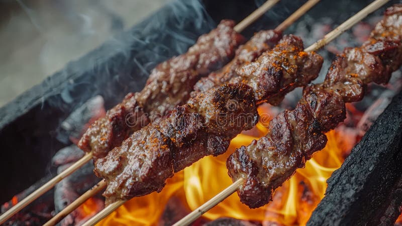 Close-up of Beef Skewers Grilling Over Hot Coals Stock Image - Image of ...