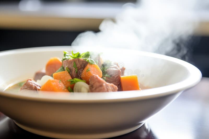 Close-up of Beef Stew in a White Bowl, Steam Rising Stock Image - Image ...