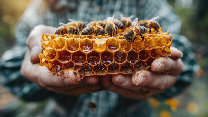 Close-up of a Beekeeper S Hands with Honeycomb and Bees in a Flower ...
