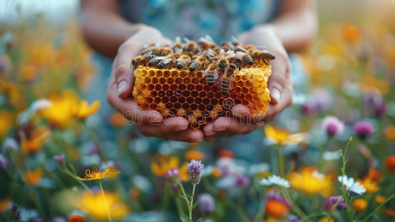 Close-up of a Beekeeper S Hands with Honeycomb and Bees in a Flower ...