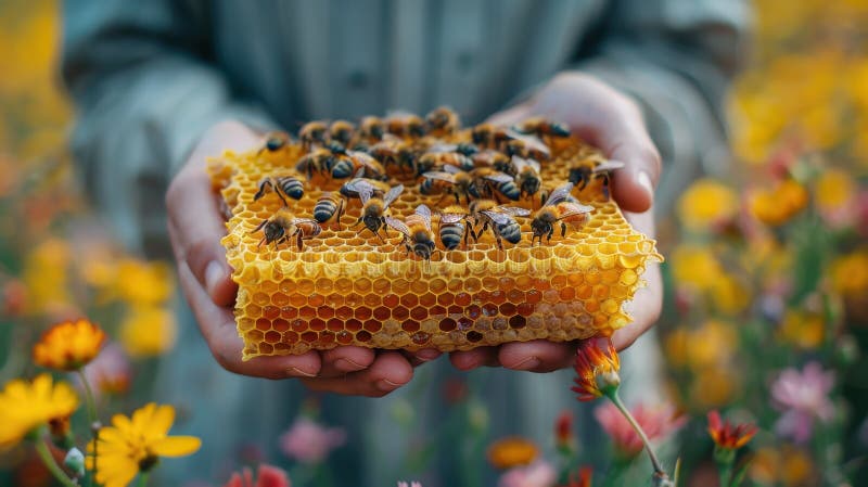 Close-up of a Beekeeper S Hands with Honeycomb and Bees in a Flower ...