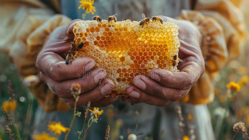 Close-up of a Beekeeper S Hands with Honeycomb and Bees in a Flower ...