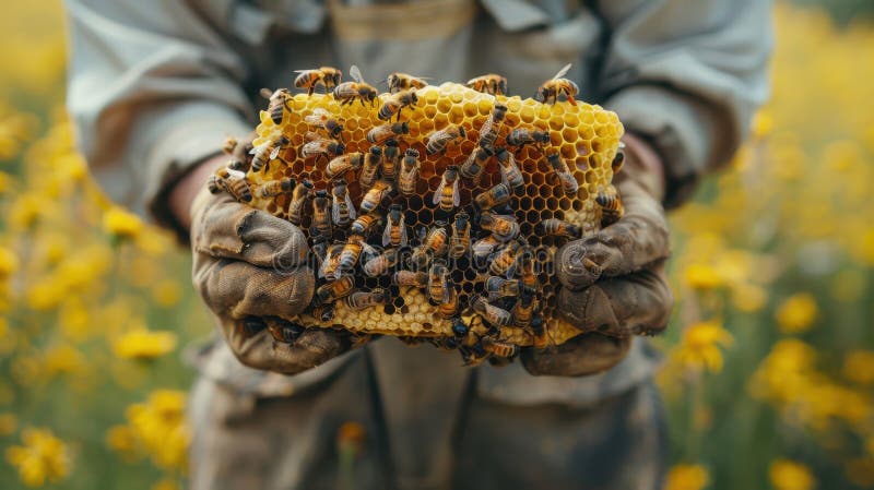 Close-up of a Beekeeper S Hands with Honeycomb and Bees in a Flower ...