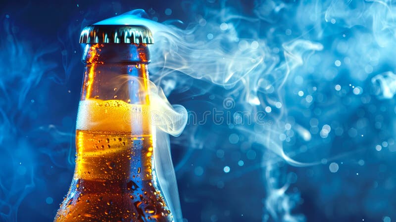 Chilled Bottle of Beer with Cool Mist on a Vibrant Blue Background ...