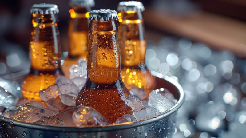 Close Up Beer Bottles in an Ice Bucket. Cold Bottles of Beer in Bucket ...