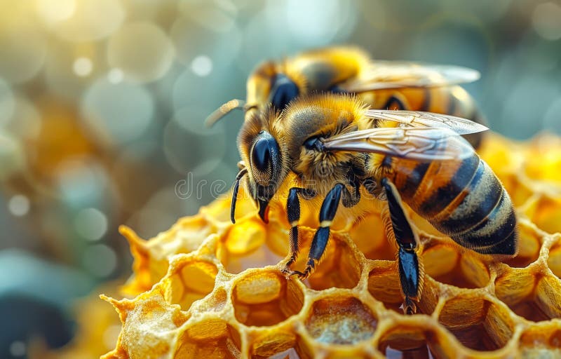 Close Up of Bees on Honeycomb. Two Bees on a Honeycomb Stock Photo ...