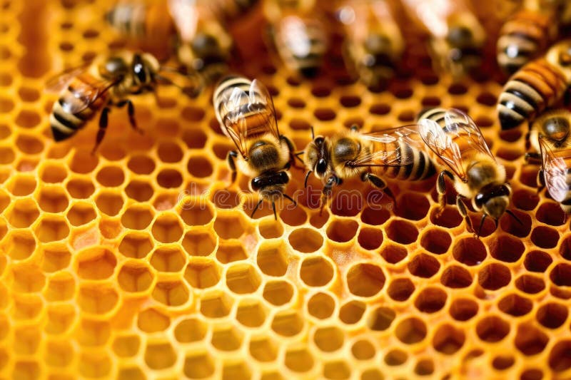 Close-up of Bees Working on Honeycomb in Hive Stock Illustration ...
