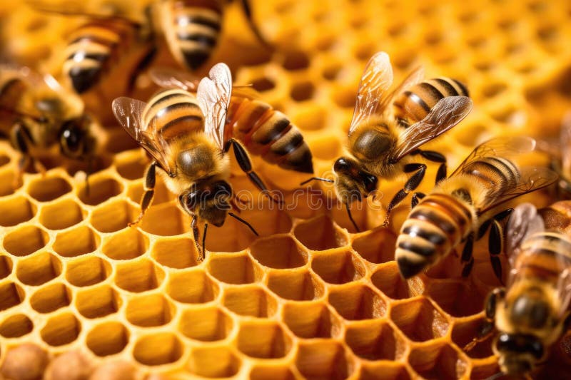 Close-up of Bees Working on Honeycomb in Hive Stock Illustration ...