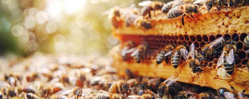 Close Up of Bees Working on Honeycomb in Warm Sunlight. Detailed View ...